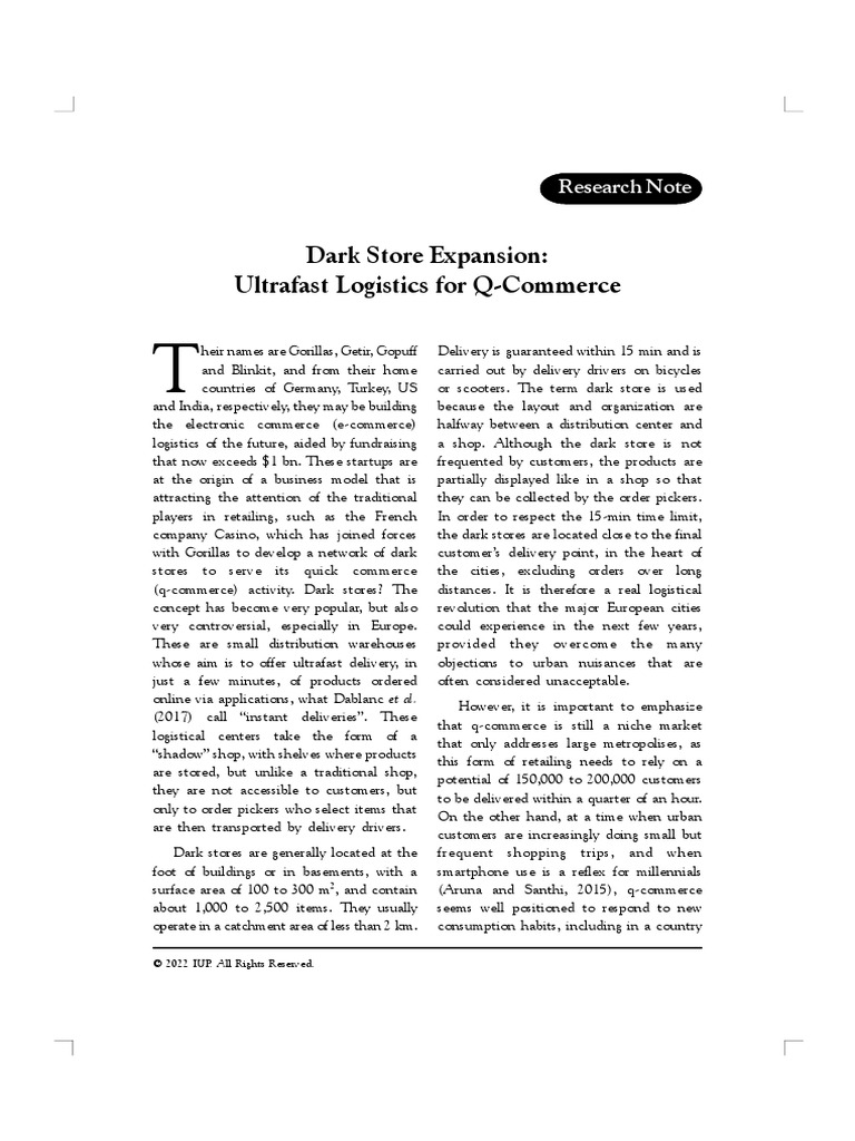 Dark Store Dynamics in Q-Commerce | PDF | E Commerce | Retail