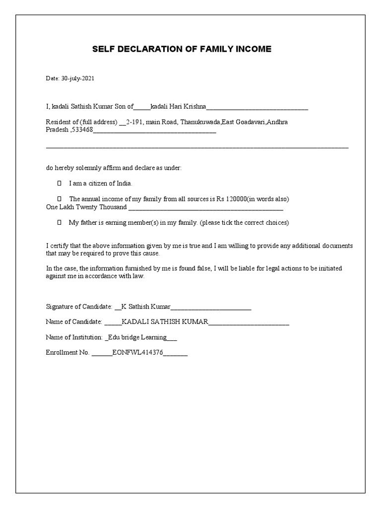 Self Declaration of Family Income | PDF