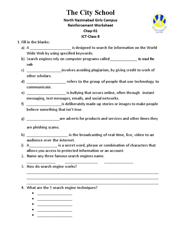 Class 8 ICT Reinforcement Worksheet | PDF | Cyberbullying | World Wide Web