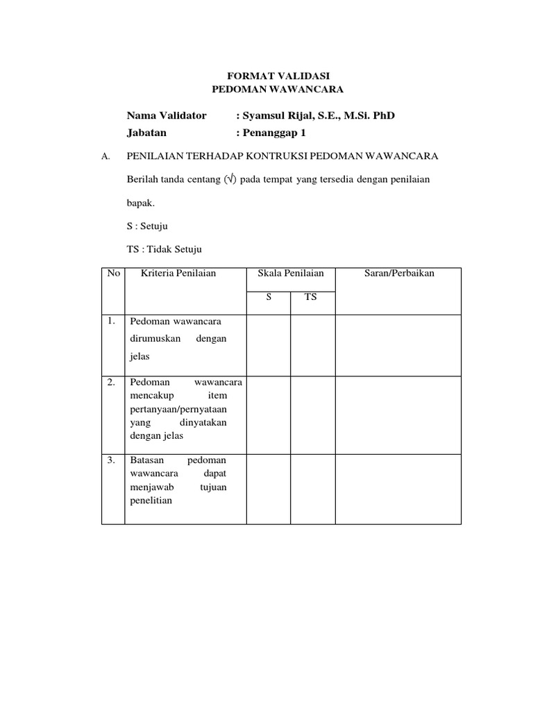 Format Validasi Pedoman Wawancara | PDF