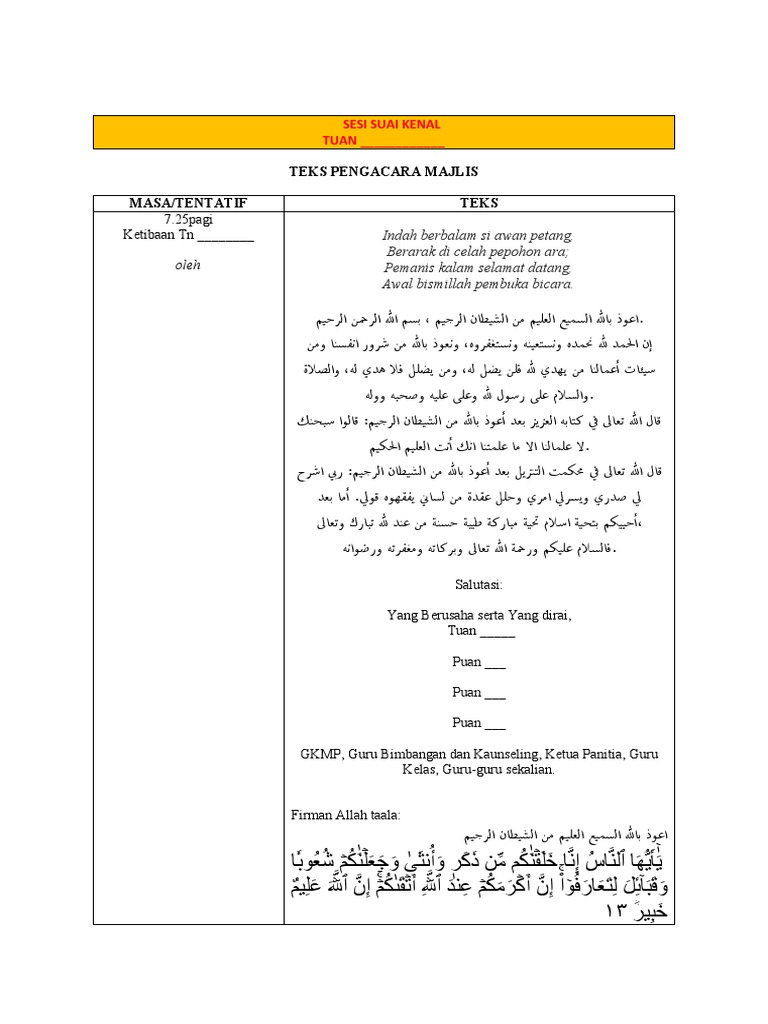 CTH Teks MC Majlis Suai Kenal | PDF