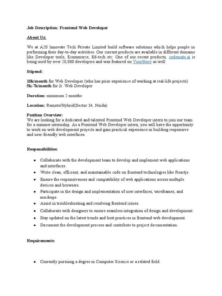 Job Description Frontend Web Developer Pdf World Wide Web Internet And Web 
