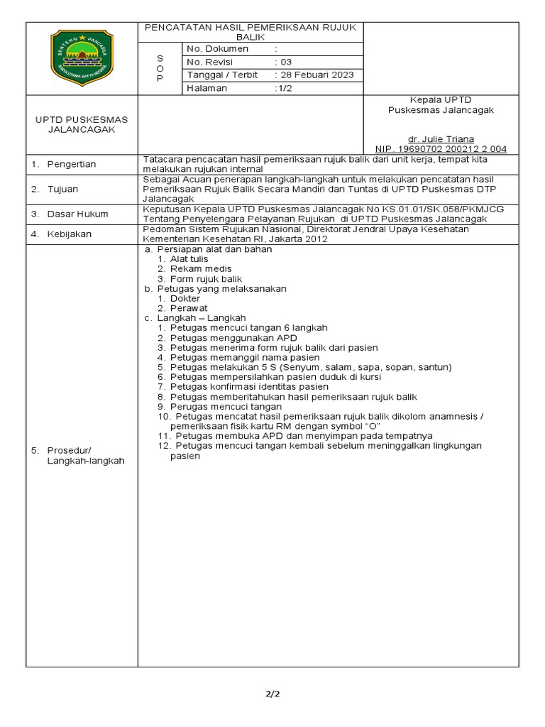 Sop Pencatatan Hasil Pemeriksaan Rujuk Balik | PDF