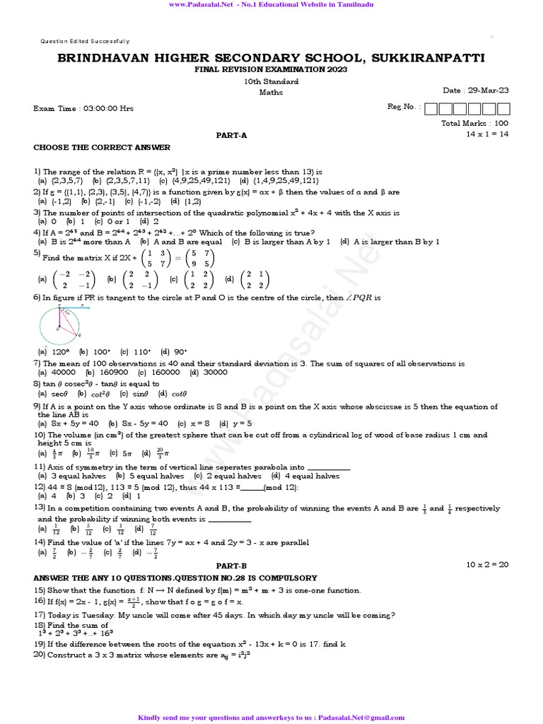 10th Maths EM Public Exam Model Question Paper English Medium PDF ...