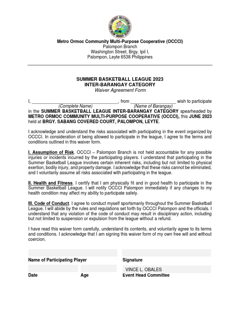 SUMMER BASKETBALL LEAGUE 2023 (Waiver Form) | PDF