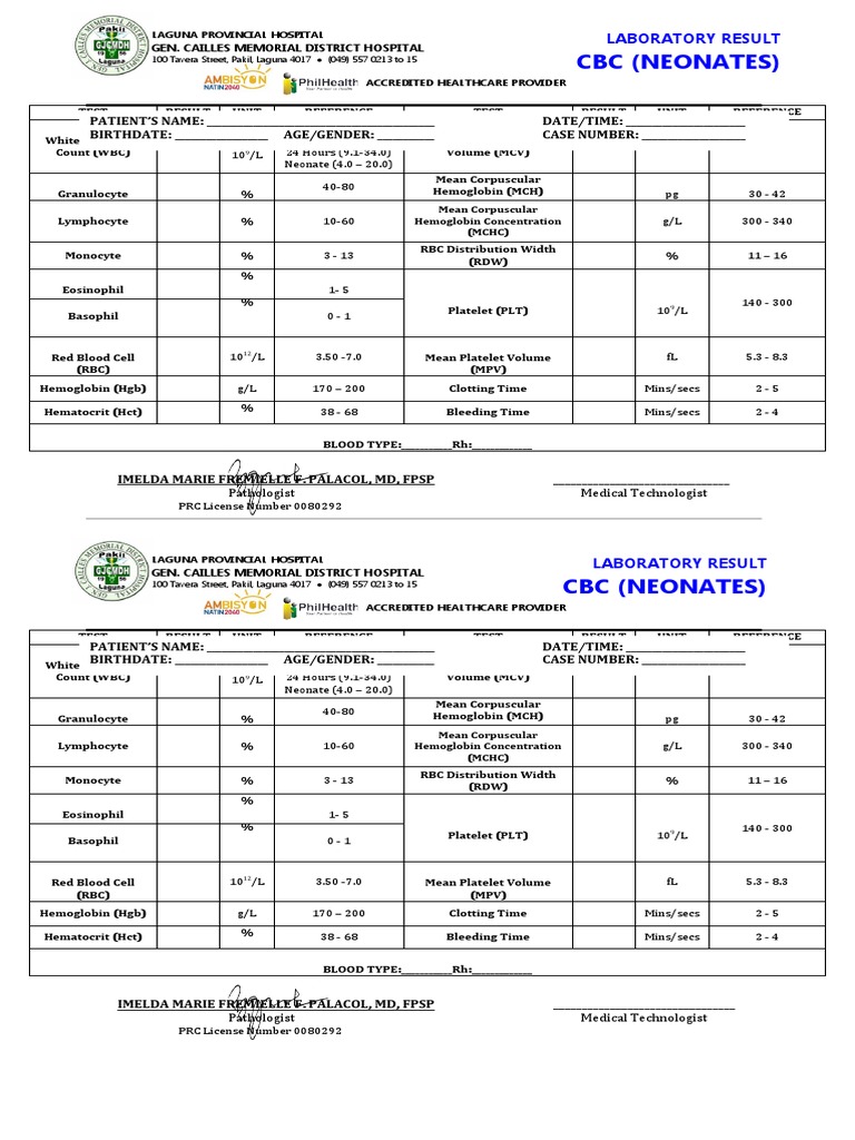 CBC Form Neonates 2021 New | Download Free PDF | Blood Cell | Blood
