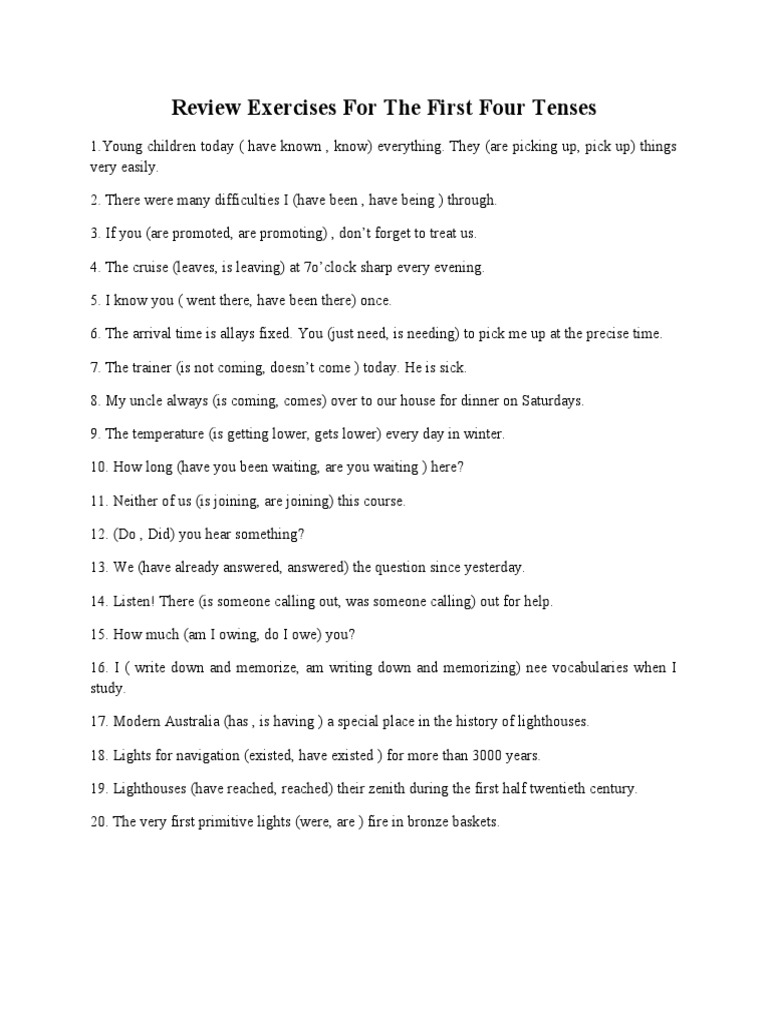 Review Exercises For The First Four Tenses | PDF