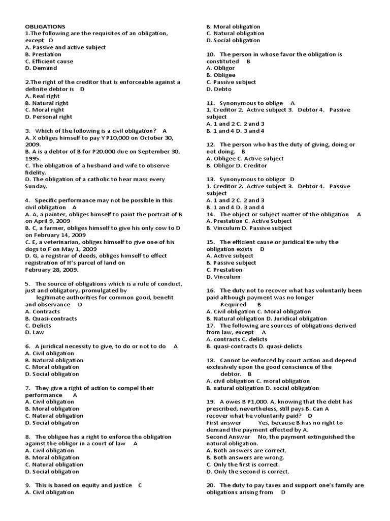 Mqe Reviewer in Oblicon 2 With Answer | PDF | Law Of Obligations ...