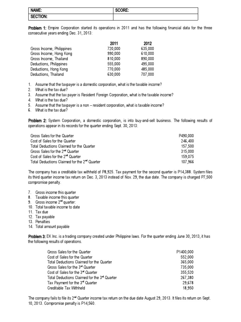Quiz - Income Tax For Corporations | PDF | Tax Deduction | Gross Income