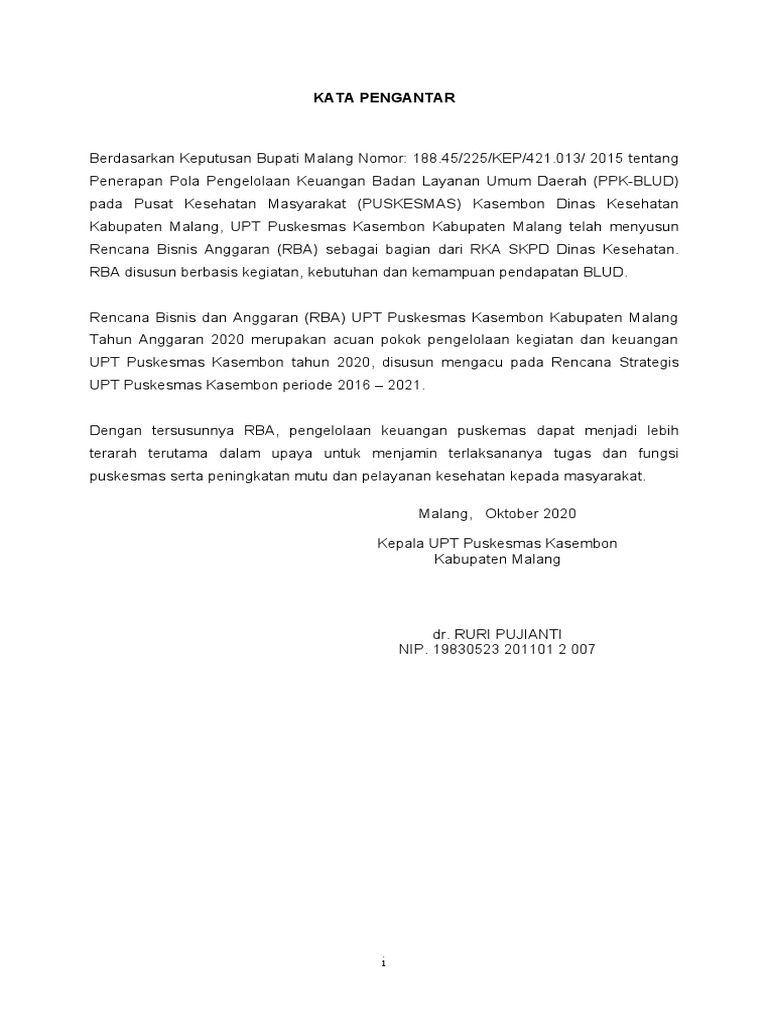 Kata Pengantar Rba Perubahan PKM Kasembon Ta 2020 | PDF