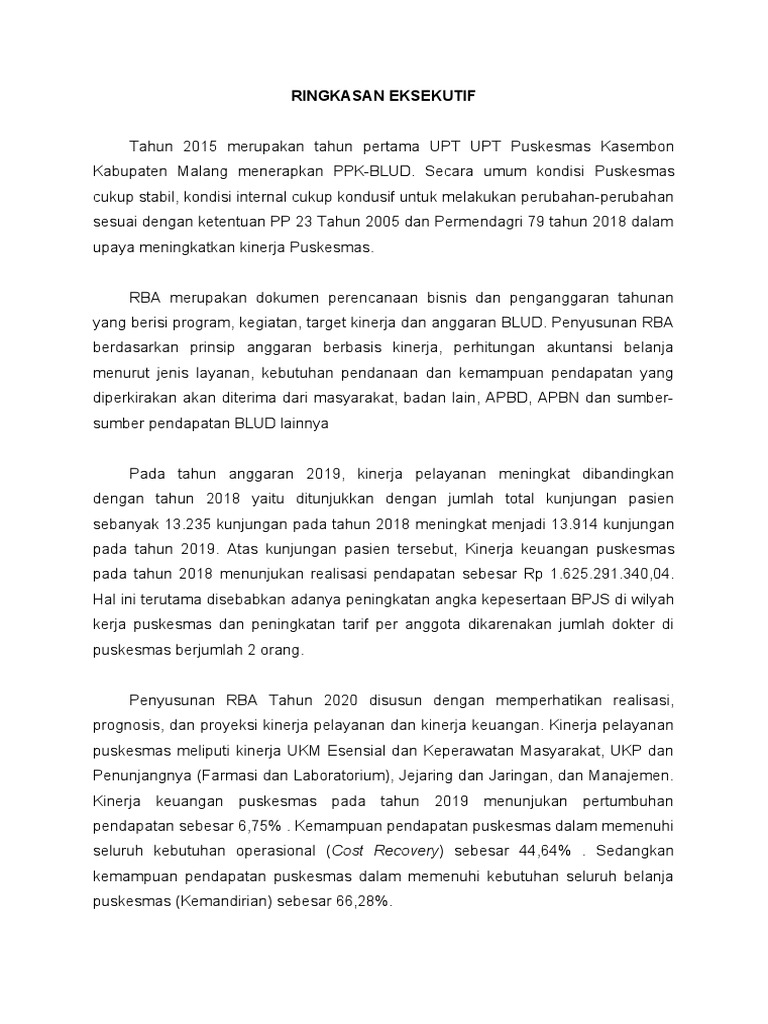 Ringkasan Eksekutif Rba Perubahan PKM Kasembon Ta 2020 | PDF