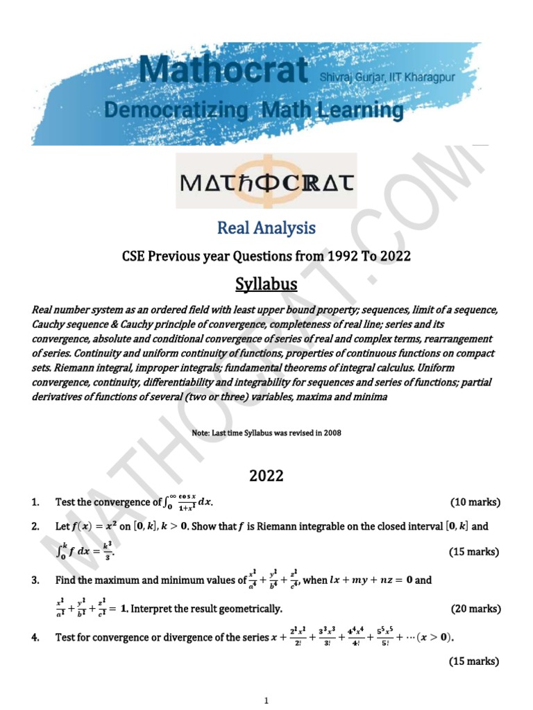 Mathocrat PYQ 1992-2022 Real Analysis | PDF | Limit (Mathematics) | Real Analysis