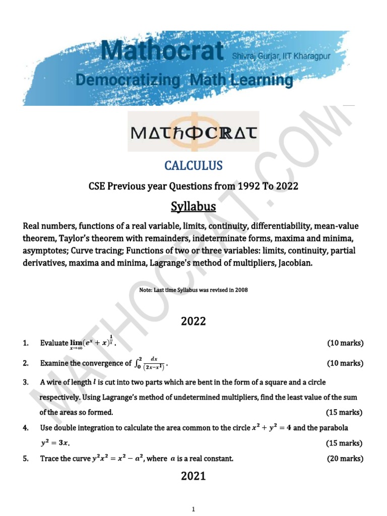 Mathocrat PYQ 1992-2022 Calculus | PDF | Derivative | Calculus