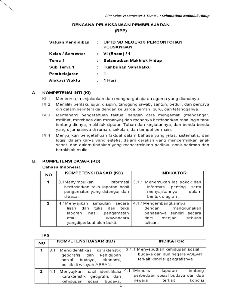 RPP SD Kelas 6 Tema 1 | PDF