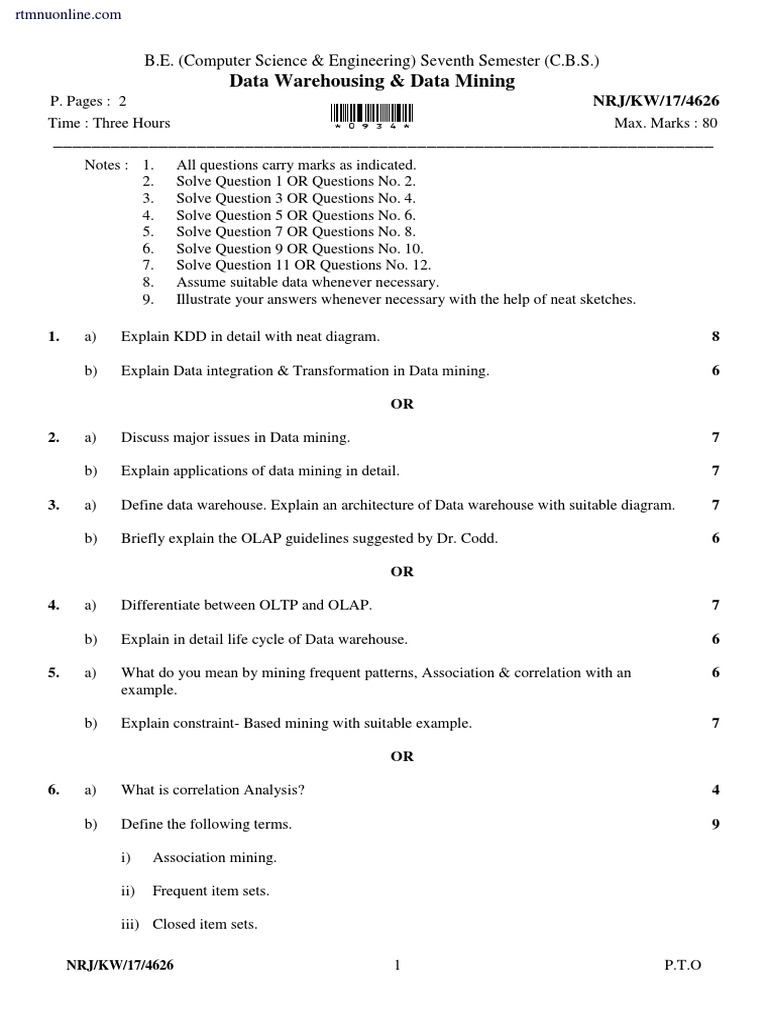 Cse 7 Sem Data Warehousing And Data Mining Winter 2017 Pdf Data Warehouse Data Mining