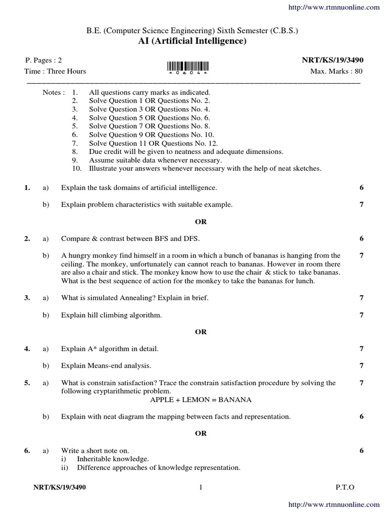 AI Exam Paper: B.E. CSE Semester 6 | PDF | Artificial Intelligence ...