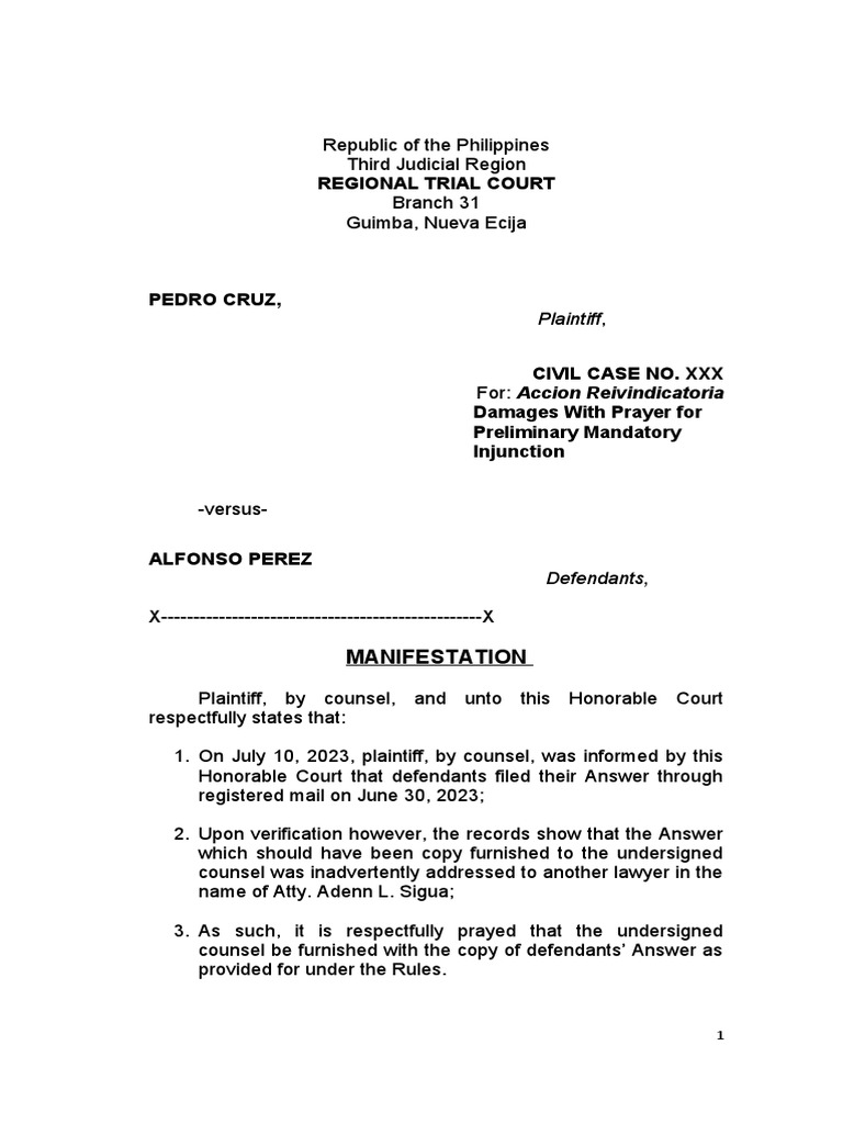 Plaintiff's Manifestation in Civil Case | PDF | Law