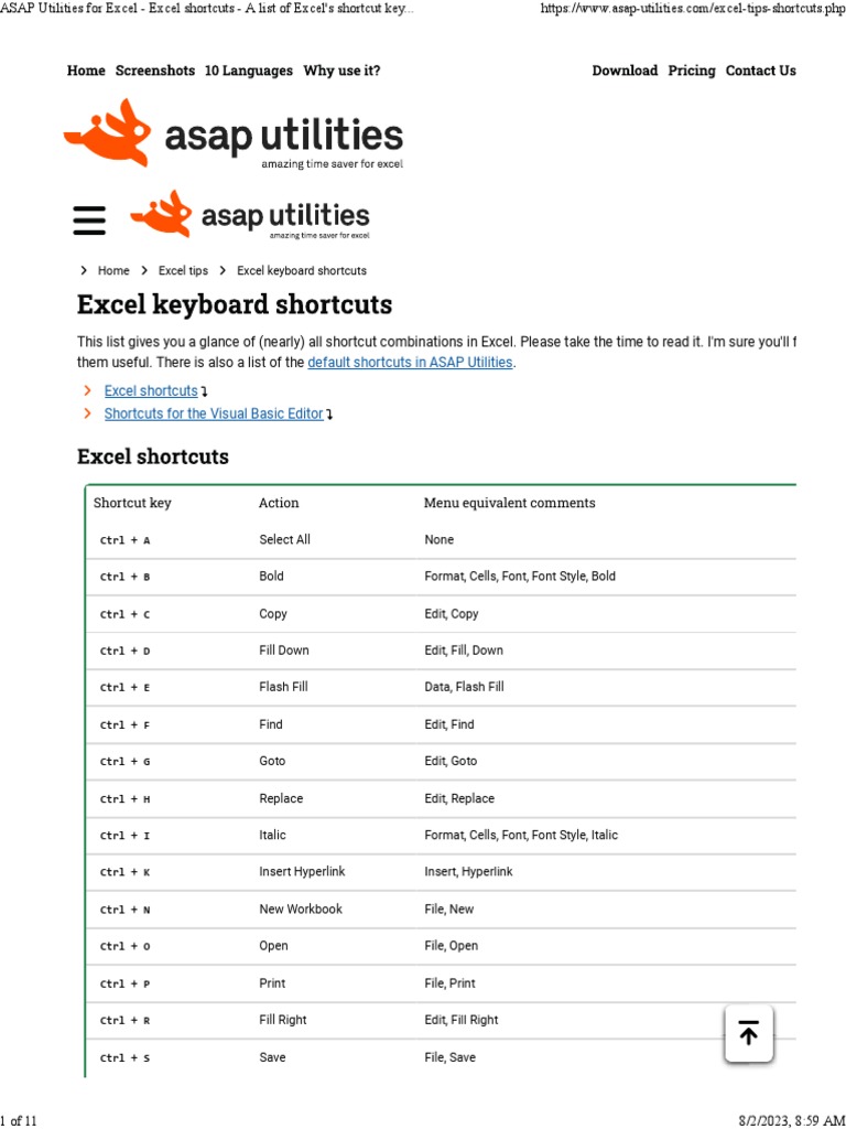ASAP Utilities For Excel - Excel Shortcuts - A List of Excel's Shortcut Keys - Excel Tips-1 ...
