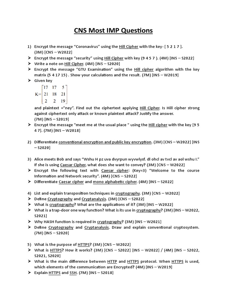 CNS Most Imp Questions | PDF | Encryption | Public Key Cryptography