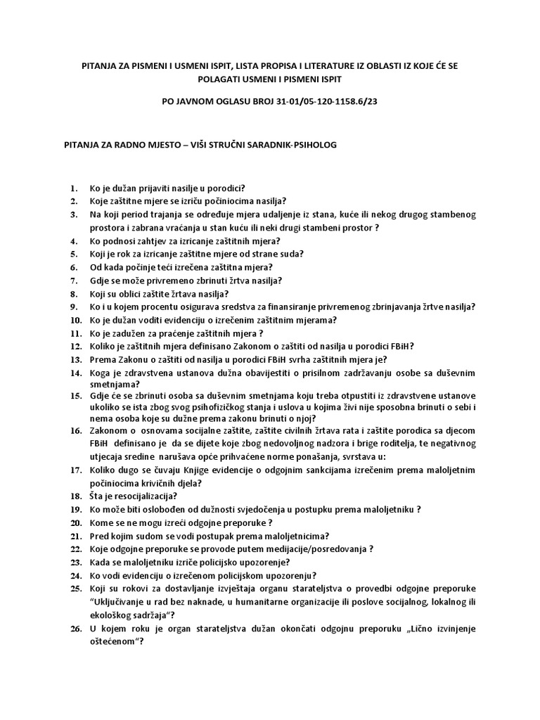 Pitanja Za Pismeni I Usmeni Ispit I Lista Propisa I Literature - Viši Stručni Saradnik ...