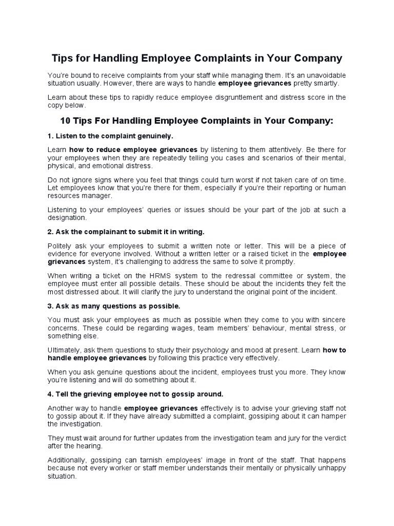 10 Tips For Handling Employee Complaints in Your Company | PDF ...