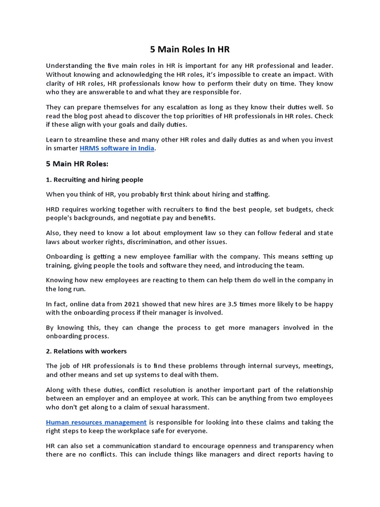 5 Main Roles in HR | PDF | Human Resource Management | Employment