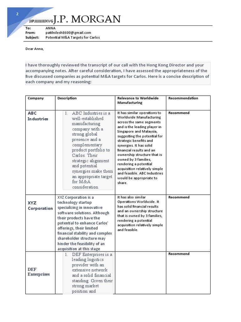 JP Morgan Task 1 | PDF | Mergers And Acquisitions | Economies