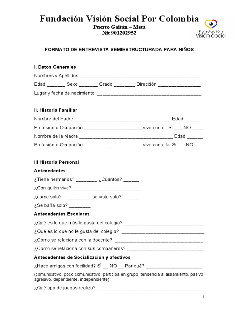 FORMATO DE ENTREVISTA SEMIESTRUCTURADA PARA NIÑOS FUNDACIÓN VISION SOCIAL | PDF | Ciencias del ...
