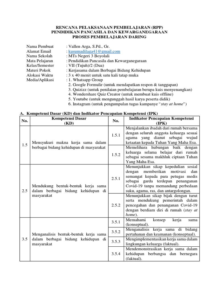 RPP Kls Vii Genap-Pkn Kerjasama Dalam Berbagai Bidang | PDF | Karier & Perkembangan | Ilmu Sosial