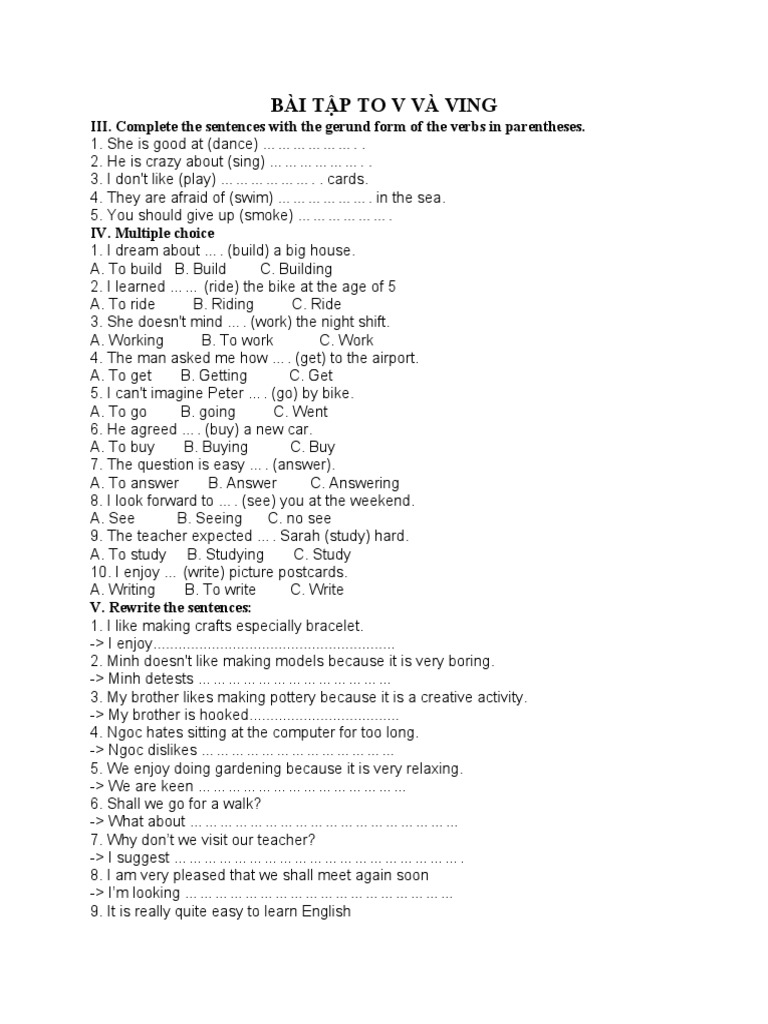 BÀI TẬP TO V VÀ VING | PDF