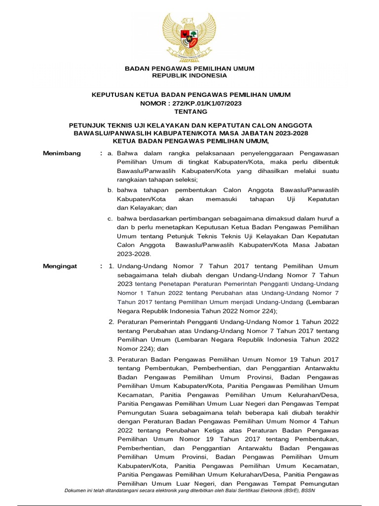 Juknis Uji Kepatutan Dan Kelayakan Bawaslu Panwaslih Kabupaten Kota 2023 - 2028 | PDF