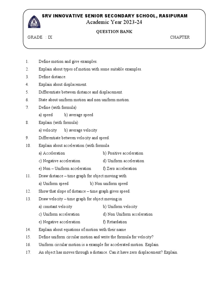 Class 9 Physics Motion Question Bank | PDF | Velocity | Acceleration