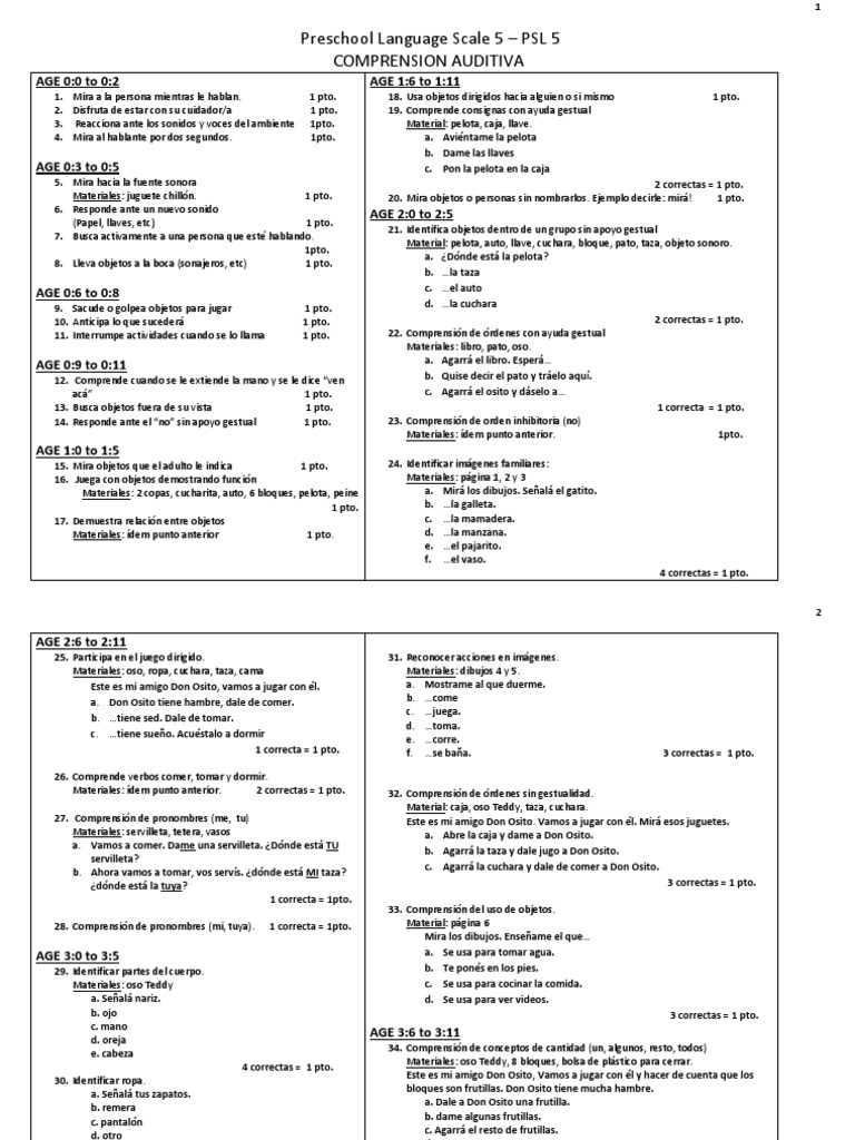 Escala de Lenguaje Infantil PLS-5 | PDF