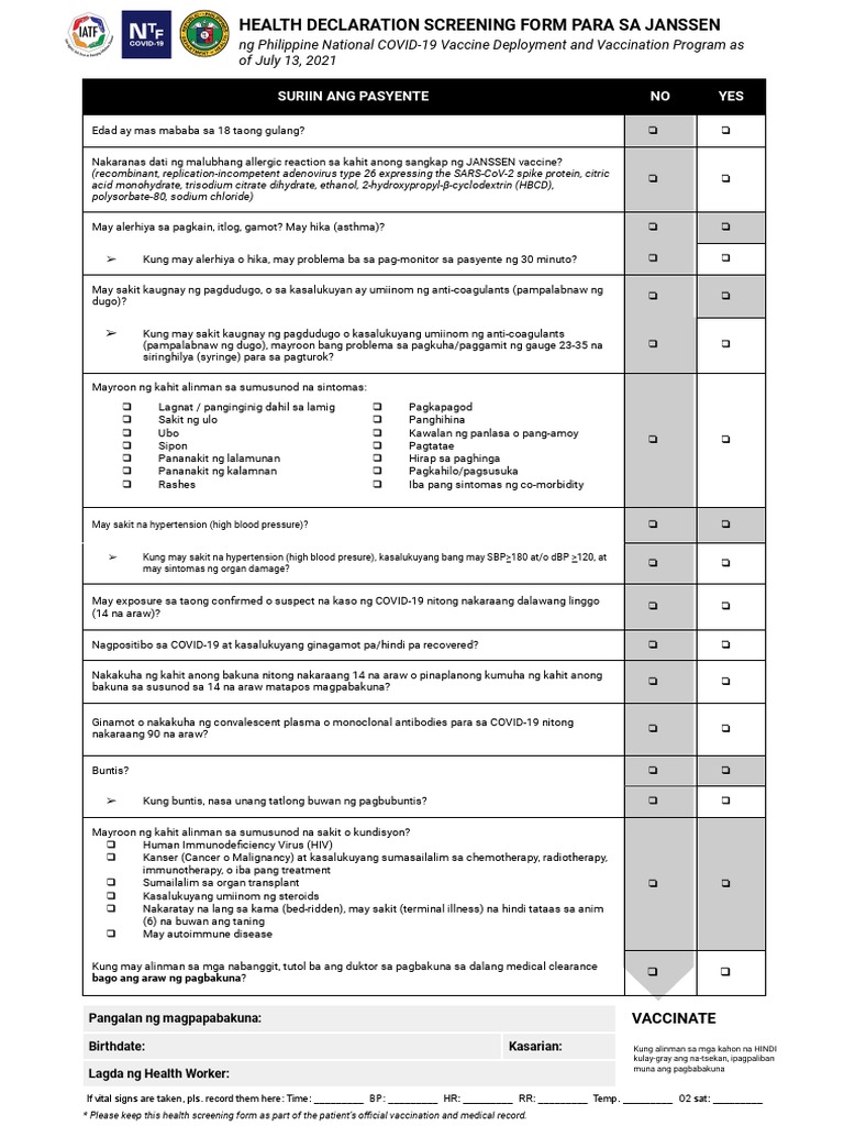Janssen (Health Declaration Form) Fil - July 13 2021 | PDF