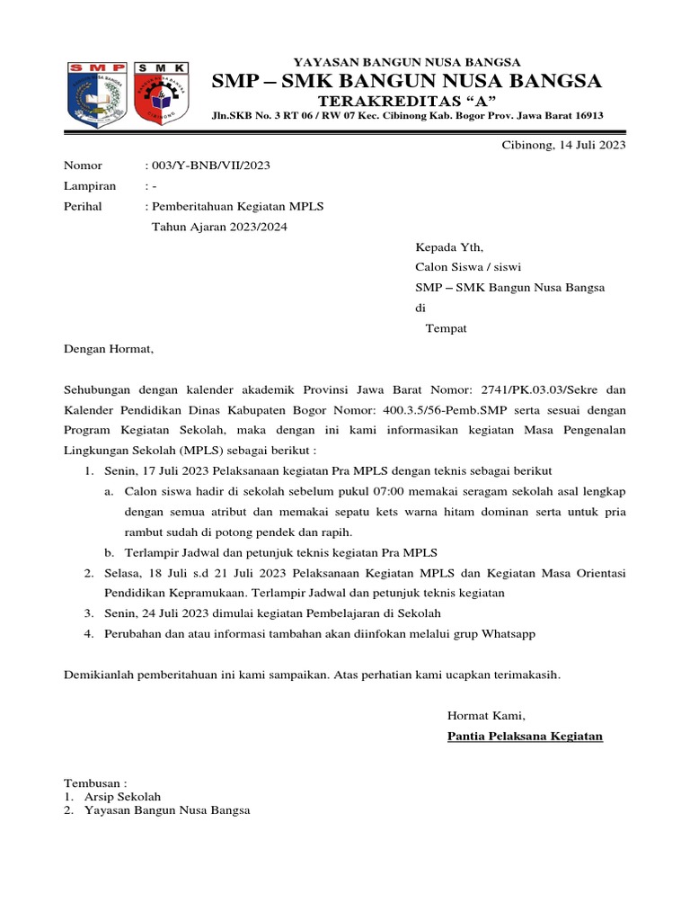 Pemberitahuan Kegiatan Dan Tata Tertib MPLS YBNB 2023 | PDF