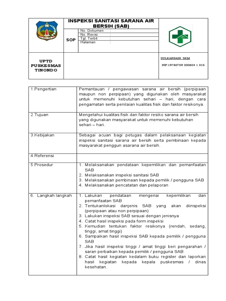 Sop Inspeksi Sanitasi Sarana Air Bersih (Sab) | PDF | Sains & Matematika