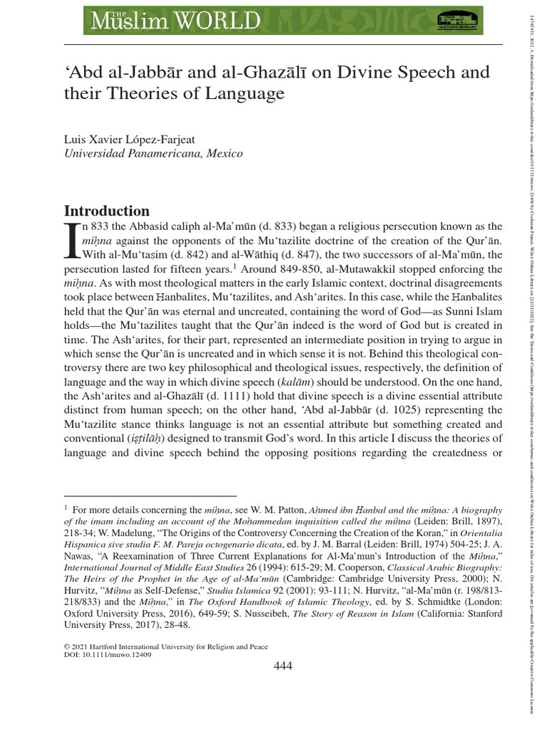 Abd Al-Jabbār and Al-Ghazālī On Divine Speech and Their Theories of Language | Download Free PDF ...