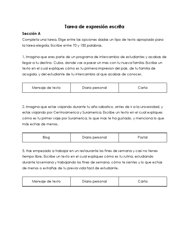 UAV M3F4 Spanish Ab Initio Tarea de Expresion Escrita | PDF | Artes del ...