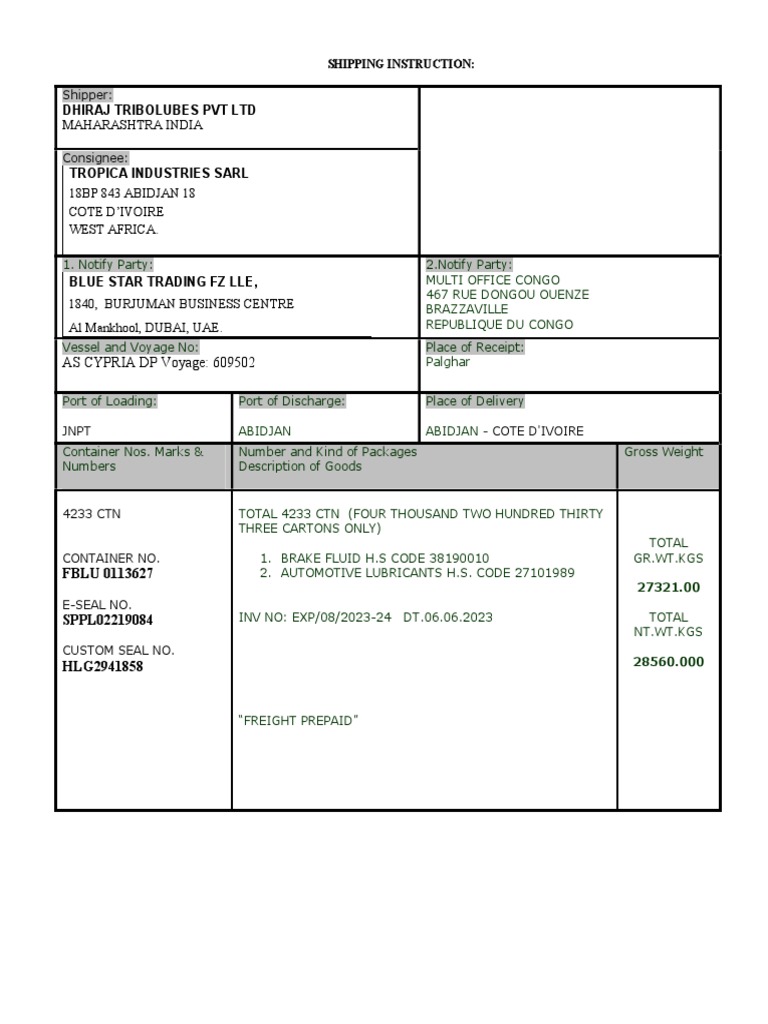 Shipping Instruction (1) | PDF