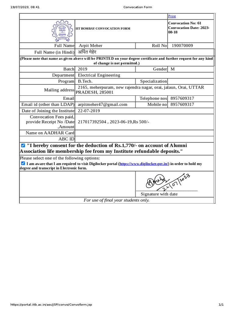 Convocation Form PDF | PDF