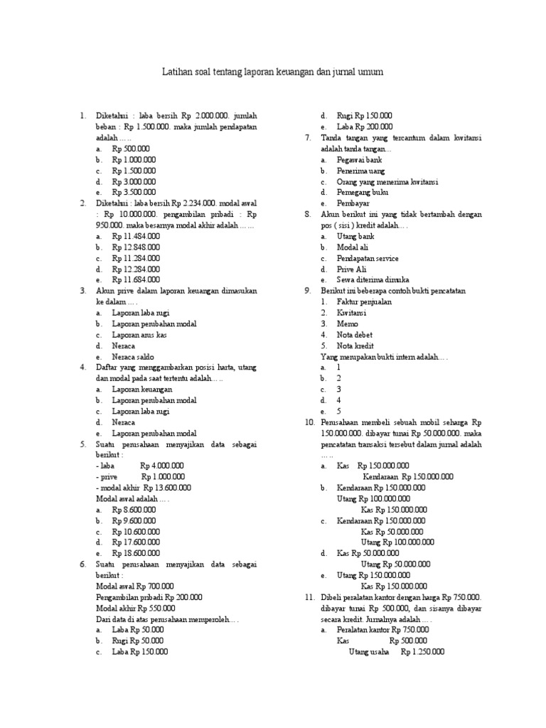 Soal Ulangan Harian Laporan Keuangan Dan Jurnal Umum | PDF