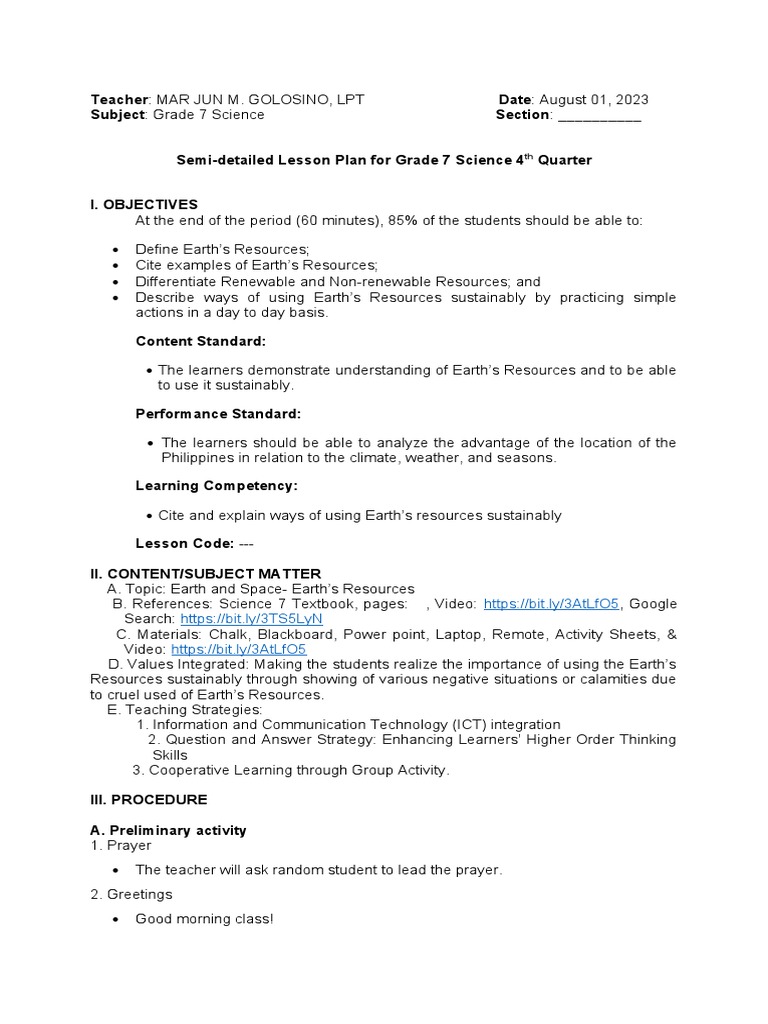 Semi-Detailed LP Earth's Resources For Demo Teaching in PCHS - Final ...