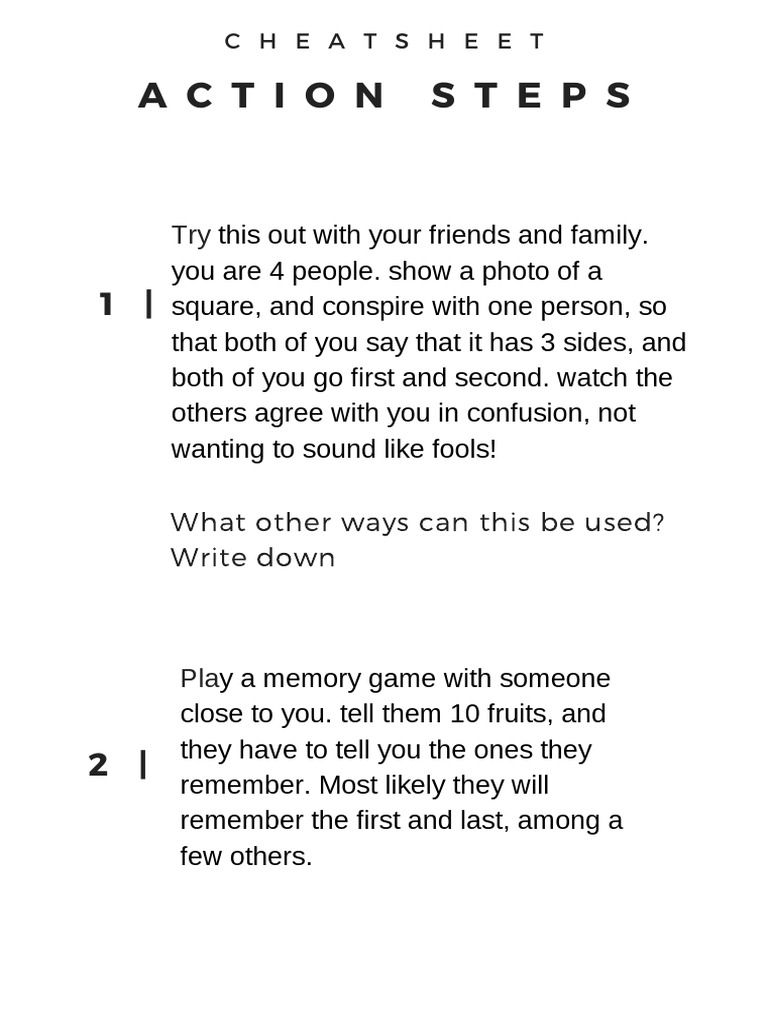 Action Step Cheatsheet | PDF | Cognition | Psychology