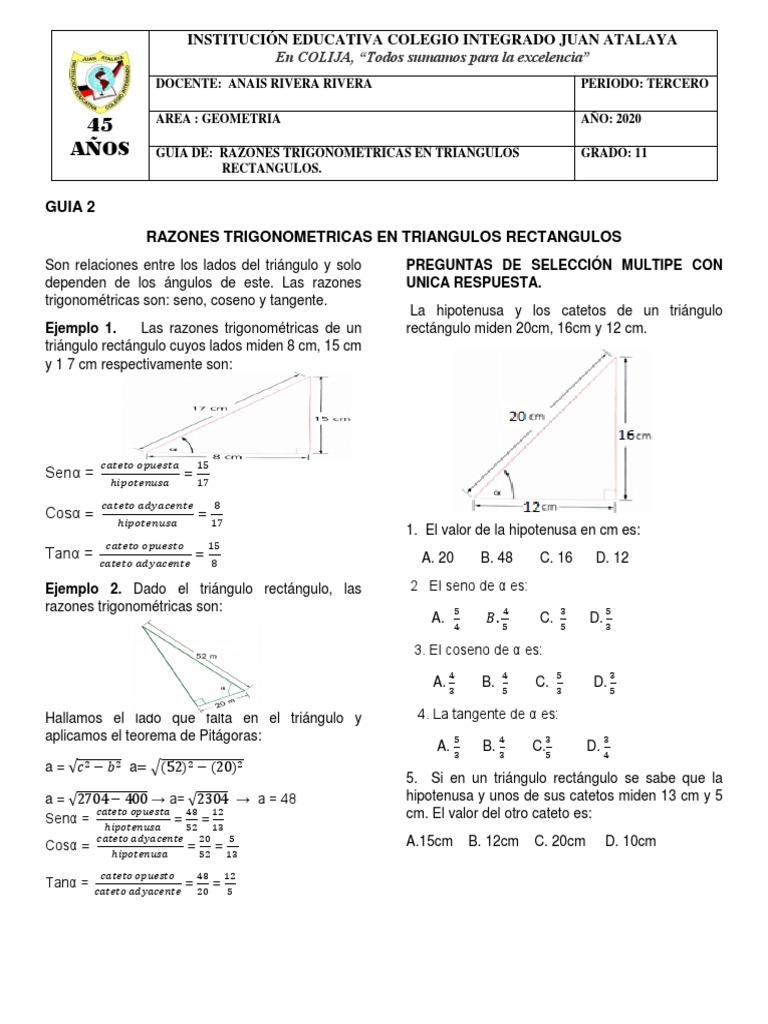 GUIA 2 RAZONES TRIGONOMETRICAS EN TRIANGULOS RECTANGULOS GEOMETRIA 11o | PDF | Funciones ...