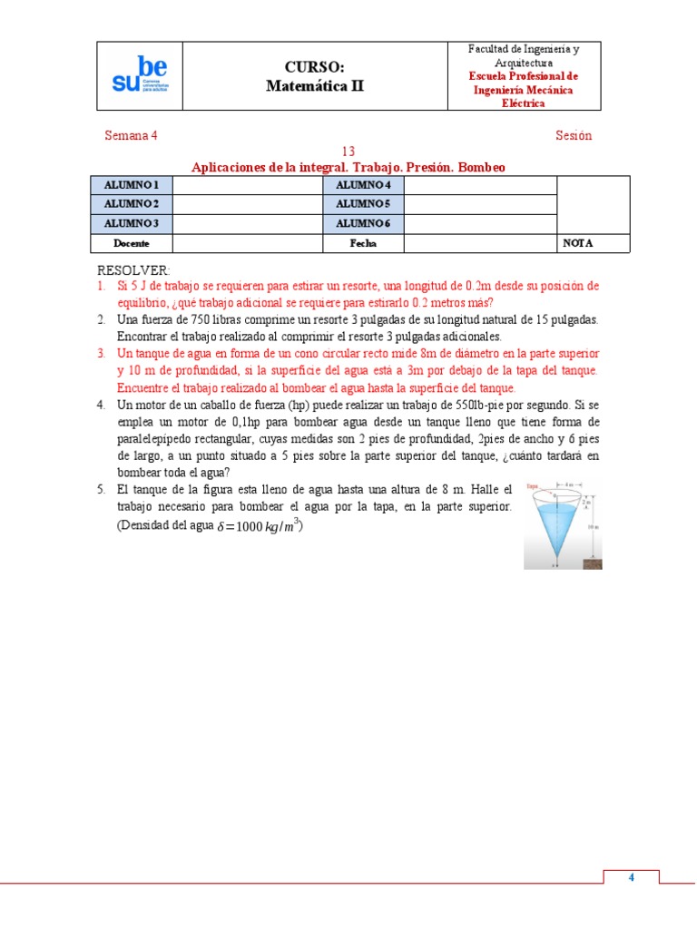 S4.s13 - 2 Resolver Ejercicios Aplicaciones de la integral. Trabajo.Presión. Bombeo | PDF