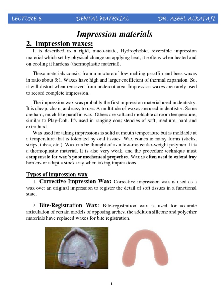 Lecture 6 Impression Matrerial | PDF | Dental Material | Materials