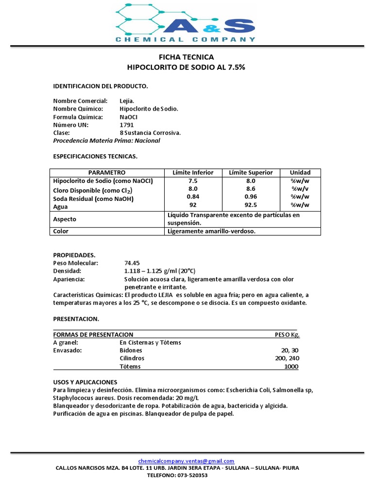 FT Hipoclorito de Sodio Al 7.5% | PDF