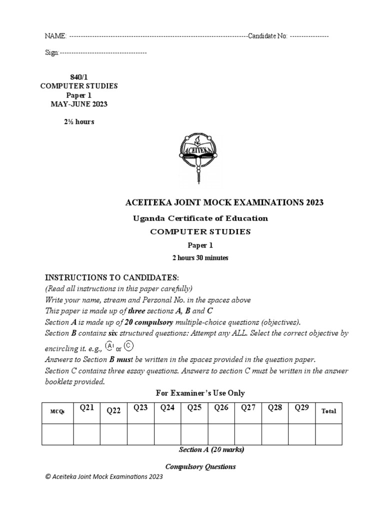 S4 Aceiteka 2023 Computer P1 | PDF | Computer Network | Computer Data Storage