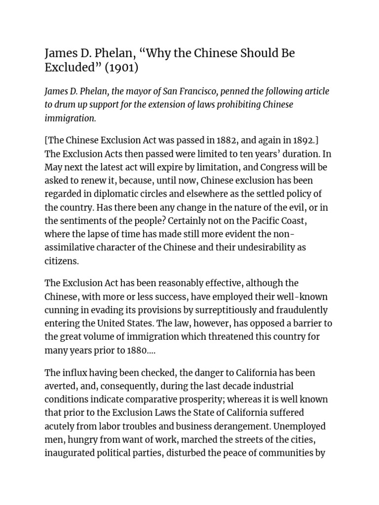 Phelan's Case for Chinese Exclusion | PDF