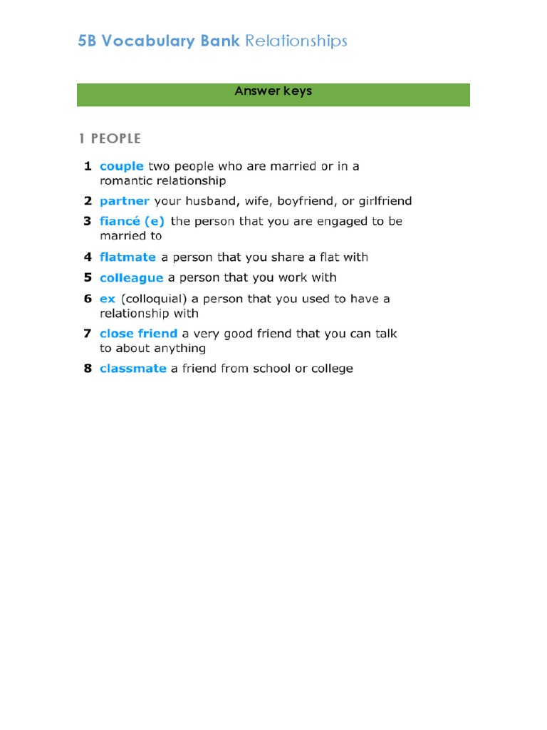 5b Vocabulary Bank Answer Keys | PDF